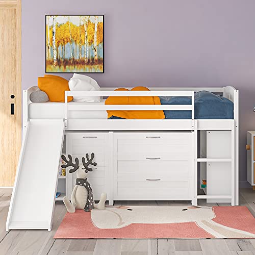 Harper & Bright Designs Twin Low Loft Bed with Slide and Storage, Solid Wood Low Loft Bed Frame with Storage Cabinets and Shelves, for Kids Teens Girls Boys (Twin Size, White)