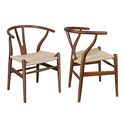 Polynices Wishbone Chair, Weave Modern Solid Wood Mid-Century Y Shaped Backrest Dining Chair (Walnut Set of 2)