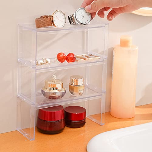 GRASARY Desktop Storage Shelf Stackable Clear Plastic Organizer Shelf, Dust-Proof,Large Capacity Cosmetic Rack Shelf Clear A