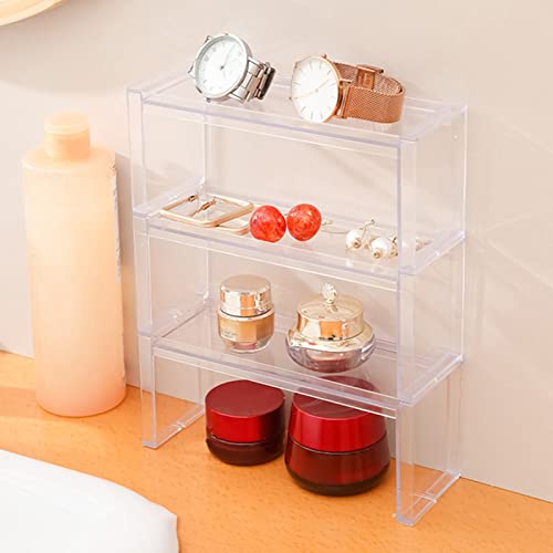 GRASARY Desktop Storage Shelf Stackable Clear Plastic Organizer Shelf, Dust-Proof,Large Capacity Cosmetic Rack Shelf Clear A