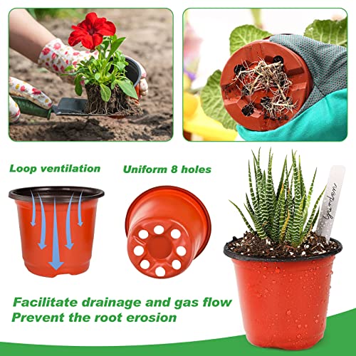 TDHDIKE 4" Small Plastic Plant Nursery Pot/Pots (100pcs) Seedlings Flower Plant Container (Red) Seed Starting Pots Indoor Outdoor, Come with 100pcs Plant Labels