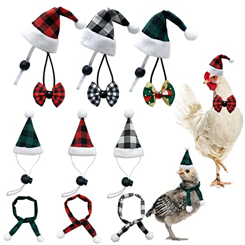 CooShou 12Pcs Christmas Pet Chicken Hat Scarf Bowtie Set Mini Santa Plaid Hat Scarf Xmas Small Animal Red Green Gray Hat with Adjustable Chin Strap for Hen Bunny Guinea Pig Hamster