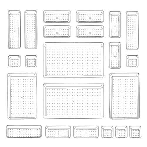 ASTOFLI 22-Piece Clear Plastic Drawer Organizer Storage, Non Slip/Crack Desk Drawer Organizer Tray, Versatile 5-Size Vanity and Bathroom Drawer Organizers Bins for Makeup, Jewelry, Utensils and Office