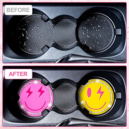 4 Pcs Preppy Car Cup Holder Coasters Pink Bling Car Coasters with Finger Notch Ceramic Cork Base Cute Car Drink Coasters Aesthetic Car Auto Accessories for Women Girl College Student Anti Slip