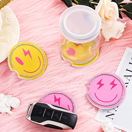 4 Pcs Preppy Car Cup Holder Coasters Pink Bling Car Coasters with Finger Notch Ceramic Cork Base Cute Car Drink Coasters Aesthetic Car Auto Accessories for Women Girl College Student Anti Slip