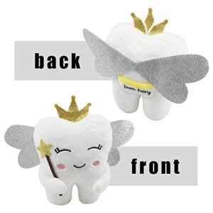 Tooth Fairy Pillow with Shiny Wings Embroidered Tooth Fairy Doll with Pocket Crystal Velvet Tooth Fairy Souvenir Boy Girl Gift (White) (White)