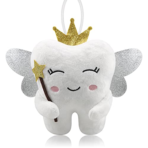 Tooth Fairy Pillow with Shiny Wings Embroidered Tooth Fairy Doll with Pocket Crystal Velvet Tooth Fairy Souvenir Boy Girl Gift (White) (White)