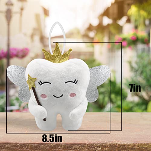 Tooth Fairy Pillow with Shiny Wings Embroidered Tooth Fairy Doll with Pocket Crystal Velvet Tooth Fairy Souvenir Boy Girl Gift (White) (White)