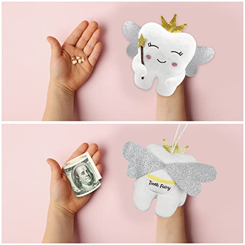 Tooth Fairy Pillow with Shiny Wings Embroidered Tooth Fairy Doll with Pocket Crystal Velvet Tooth Fairy Souvenir Boy Girl Gift (White) (White)