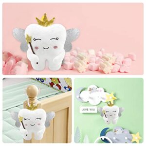 Tooth Fairy Pillow with Shiny Wings Embroidered Tooth Fairy Doll with Pocket Crystal Velvet Tooth Fairy Souvenir Boy Girl Gift (White) (White)