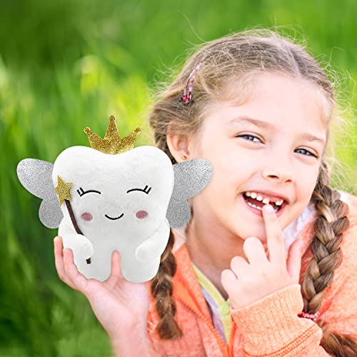 Tooth Fairy Pillow with Shiny Wings Embroidered Tooth Fairy Doll with Pocket Crystal Velvet Tooth Fairy Souvenir Boy Girl Gift (White) (White)