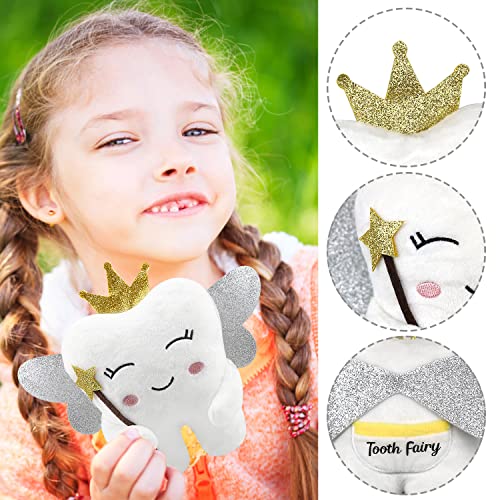 Tooth Fairy Pillow with Shiny Wings Embroidered Tooth Fairy Doll with Pocket Crystal Velvet Tooth Fairy Souvenir Boy Girl Gift (White) (White)