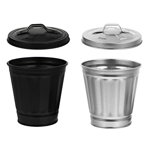 DOITOOL 2pcs Mini Iron Trash Can Metal Pencil Cup Holder Small Desktop Garbage Can with Lids Countertop Waste Basket Stationery Trash Container for Home Office