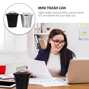 DOITOOL 2pcs Mini Iron Trash Can Metal Pencil Cup Holder Small Desktop Garbage Can with Lids Countertop Waste Basket Stationery Trash Container for Home Office