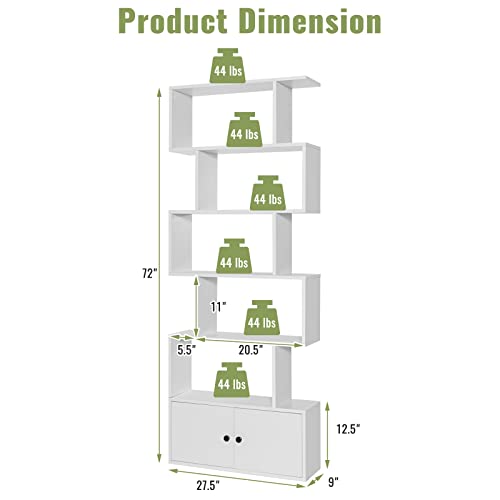 LOKO 6-Tier Geometric Bookcase with Doors, Freestanding Storage Display Shelf with Anti-toppling Devices, S-Shaped Z-Shelf Bookshelf with Cabinet for Living Room, Bedroom, Study (2, White)