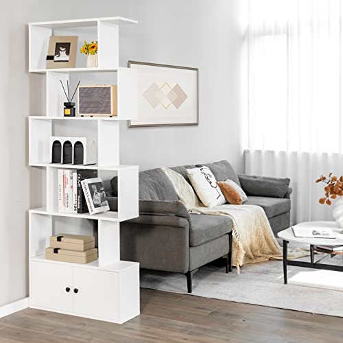 LOKO 6-Tier Geometric Bookcase with Doors, Freestanding Storage Display Shelf with Anti-toppling Devices, S-Shaped Z-Shelf Bookshelf with Cabinet for Living Room, Bedroom, Study (2, White)