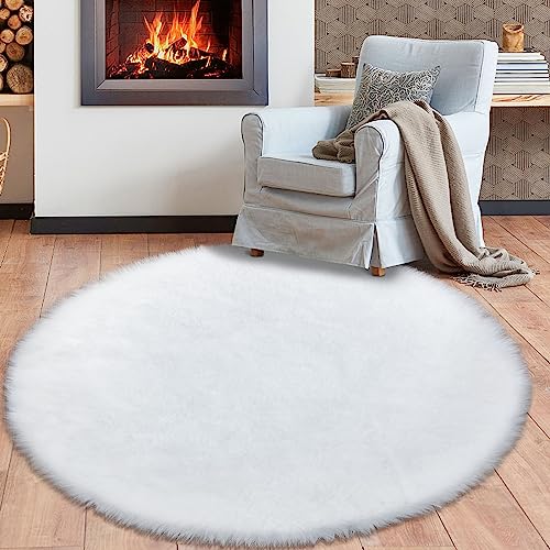 TENNOLA White Round Faux Fur Rug for Bedroom, Fluffy Circle Rugs 4'X4' for Kids Room, Furry Carpet for Teen Girls Room, Non-Slip Shaggy Circular Floor Rug Plush Rug