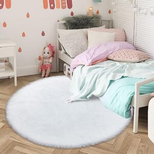 TENNOLA White Round Faux Fur Rug for Bedroom, Fluffy Circle Rugs 4'X4' for Kids Room, Furry Carpet for Teen Girls Room, Non-Slip Shaggy Circular Floor Rug Plush Rug