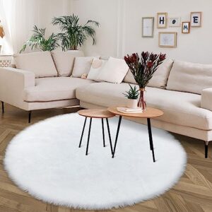 TENNOLA White Round Faux Fur Rug for Bedroom, Fluffy Circle Rugs 4'X4' for Kids Room, Furry Carpet for Teen Girls Room, Non-Slip Shaggy Circular Floor Rug Plush Rug