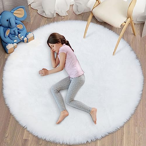 TENNOLA White Round Faux Fur Rug for Bedroom, Fluffy Circle Rugs 4'X4' for Kids Room, Furry Carpet for Teen Girls Room, Non-Slip Shaggy Circular Floor Rug Plush Rug