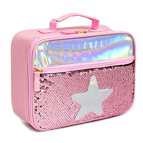 LBTING Lunch Box for Kids Girls, Insulated Glitters Star Lunch Bag Reusable Thermal Cooler Meal Tote for School Office Outdoor – Pink