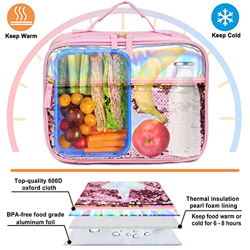 LBTING Lunch Box for Kids Girls, Insulated Glitters Star Lunch Bag Reusable Thermal Cooler Meal Tote for School Office Outdoor – Pink