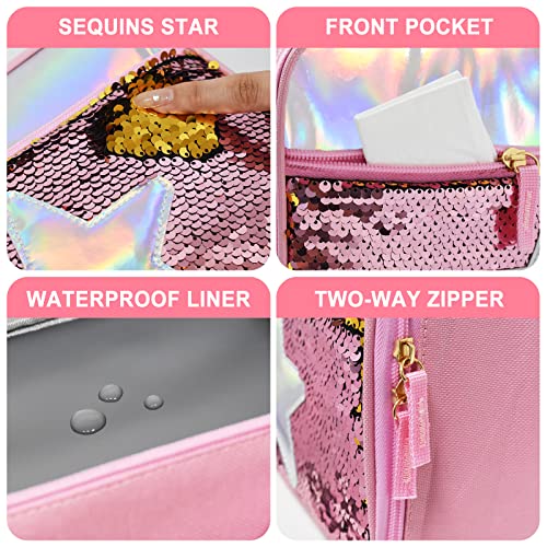 LBTING Lunch Box for Kids Girls, Insulated Glitters Star Lunch Bag Reusable Thermal Cooler Meal Tote for School Office Outdoor – Pink