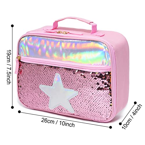 LBTING Lunch Box for Kids Girls, Insulated Glitters Star Lunch Bag Reusable Thermal Cooler Meal Tote for School Office Outdoor – Pink