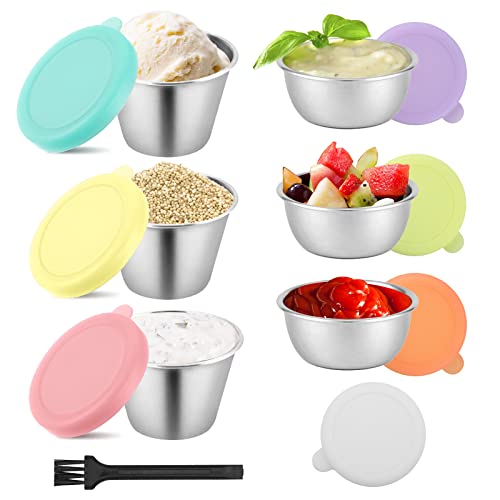 6 Pack Salad Dressing Container, 3 Pack 1.6 OZ+ 3 Pack 2.4 OZ Stainless Steel Reusable Leakproof Small Condiment Sauce Cups for Lunch Bento Boxes with 7pcs Silicone Lids and One Brush(Colorful)