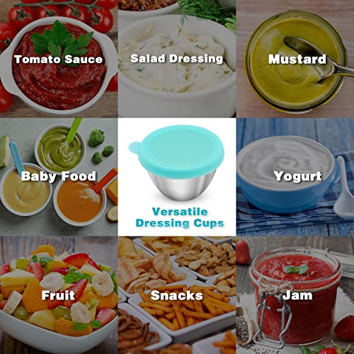 6 Pack Salad Dressing Container, 3 Pack 1.6 OZ+ 3 Pack 2.4 OZ Stainless Steel Reusable Leakproof Small Condiment Sauce Cups for Lunch Bento Boxes with 7pcs Silicone Lids and One Brush(Colorful)