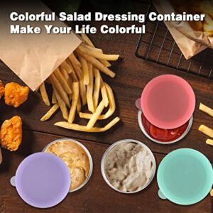 6 Pack Salad Dressing Container, 3 Pack 1.6 OZ+ 3 Pack 2.4 OZ Stainless Steel Reusable Leakproof Small Condiment Sauce Cups for Lunch Bento Boxes with 7pcs Silicone Lids and One Brush(Colorful)