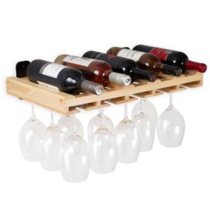 Rustic State Palomino Wall Mounted Wood Floating Wine Liquor Bottle Rack with Glassware Holder Stemware Shelf Storage Organizer - Home, Kitchen, Dining Room Bar Décor - Natural