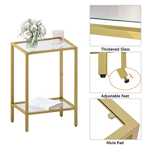 HOMSHO Side Tables Set of 2, End Tables with Tempered Glass, 2-Tier Nightstands with Storage Shelves, Slim Sofa Table for Living Room, Bedroom (2, Golden)