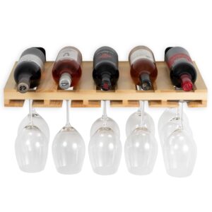 Rustic State Palomino Wall Mounted Wood Floating Wine Liquor Bottle Rack with Glassware Holder Stemware Shelf Storage Organizer - Home, Kitchen, Dining Room Bar Décor - Natural