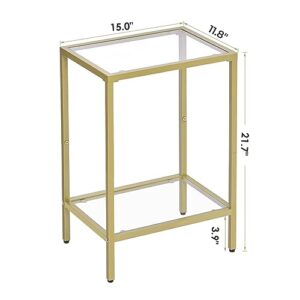 HOMSHO Side Tables Set of 2, End Tables with Tempered Glass, 2-Tier Nightstands with Storage Shelves, Slim Sofa Table for Living Room, Bedroom (2, Golden)