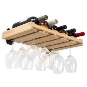 Rustic State Palomino Wall Mounted Wood Floating Wine Liquor Bottle Rack with Glassware Holder Stemware Shelf Storage Organizer - Home, Kitchen, Dining Room Bar Décor - Natural