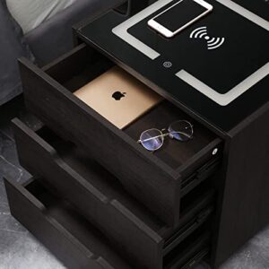 OLD CAPTAIN Nightstands Wireless Charging Station and LED Lights, Modern End Side Table with 3 Drawer Nightstand Storage Cabinet for Bedroom (1, Dark Brown)