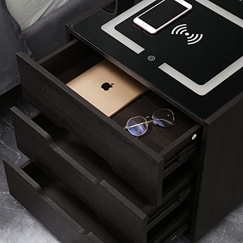 OLD CAPTAIN Nightstands Wireless Charging Station and LED Lights, Modern End Side Table with 3 Drawer Nightstand Storage Cabinet for Bedroom (1, Dark Brown)