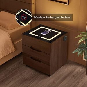 OLD CAPTAIN Nightstands Wireless Charging Station and LED Lights, Modern End Side Table with 3 Drawer Nightstand Storage Cabinet for Bedroom (1, Dark Brown)