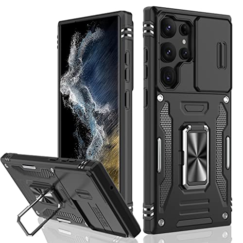 IKAZZ Galaxy S23 Ultra Case with Camera Cover,Samsung S23 Ultra Cover Pass 16ft Drop Test Military Grade Shockproof Protective Phone Case with Kickstand for Samsung Galaxy S23 Ultra Black