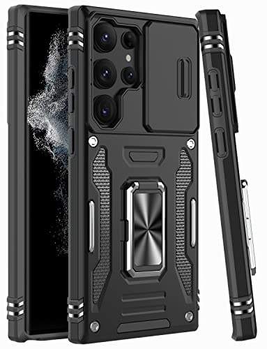 IKAZZ Galaxy S23 Ultra Case with Camera Cover,Samsung S23 Ultra Cover Pass 16ft Drop Test Military Grade Shockproof Protective Phone Case with Kickstand for Samsung Galaxy S23 Ultra Black