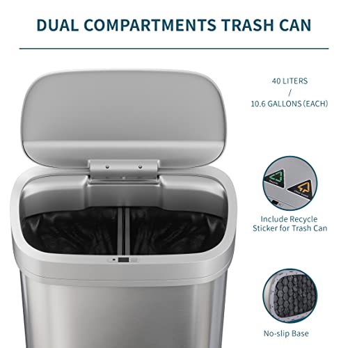 finetones 21 Gallon Trash Can, Automatic Hands-Free Stainless Steel Trash Can, Mute Metal Garbage Can with Lid, Motion Sensor Trash Can for Kitchen Office, 80 Liter, 2 Compartment Bins