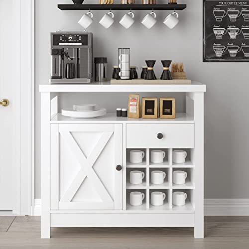 4ever2buy Farmhouse Coffee Bar Cabinet with 9 Wine Racks, Kitchen Sideboard Buffet Cabinet with Barn Door, White Coffee Bar with Storage, Wine Bar Cabinet with Adjustable Shelf for Dining Living Room