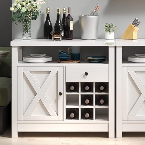 4ever2buy Farmhouse Coffee Bar Cabinet with 9 Wine Racks, Kitchen Sideboard Buffet Cabinet with Barn Door, White Coffee Bar with Storage, Wine Bar Cabinet with Adjustable Shelf for Dining Living Room