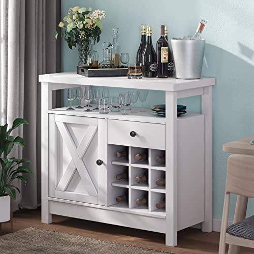 4ever2buy Farmhouse Coffee Bar Cabinet with 9 Wine Racks, Kitchen Sideboard Buffet Cabinet with Barn Door, White Coffee Bar with Storage, Wine Bar Cabinet with Adjustable Shelf for Dining Living Room