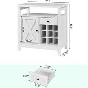 4ever2buy Farmhouse Coffee Bar Cabinet with 9 Wine Racks, Kitchen Sideboard Buffet Cabinet with Barn Door, White Coffee Bar with Storage, Wine Bar Cabinet with Adjustable Shelf for Dining Living Room