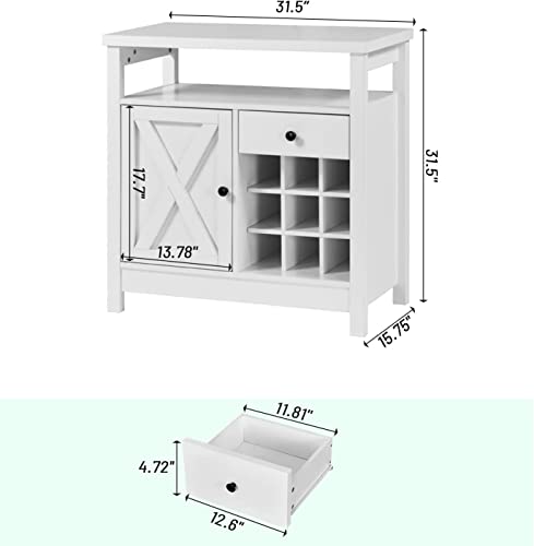 4ever2buy Farmhouse Coffee Bar Cabinet with 9 Wine Racks, Kitchen Sideboard Buffet Cabinet with Barn Door, White Coffee Bar with Storage, Wine Bar Cabinet with Adjustable Shelf for Dining Living Room