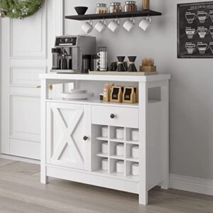 4ever2buy Farmhouse Coffee Bar Cabinet with 9 Wine Racks, Kitchen Sideboard Buffet Cabinet with Barn Door, White Coffee Bar with Storage, Wine Bar Cabinet with Adjustable Shelf for Dining Living Room