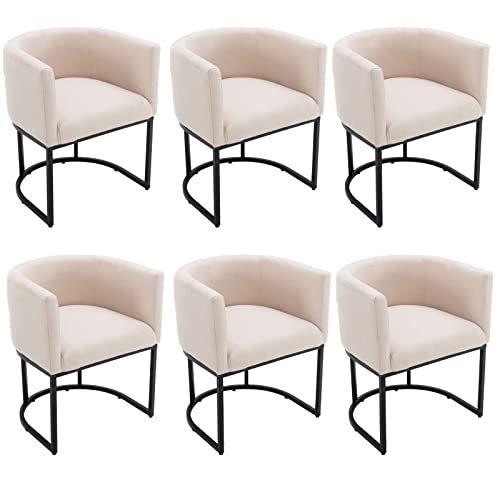 Mid Century Modern Upholstered Dining Chairs with Arms Set of 6, Contemporary Linen Kitchen & Dining Room Chairs, 18.5" Wide Accent Chairs for Dining Room Living Room with Black Metal Frame, Cream