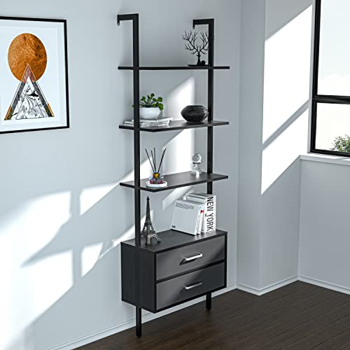 KEVINSPACE 4 Tier Ladder Shelf, Wall Mounted Ladder Bookshelf with 2 Drawers, Modern Bookcase with Industrial Metal Frame, Wooden Storage Display Shelves for Living Room Bedroom Office, Black&Grey